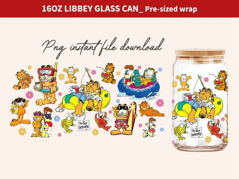 Garfield Cat Cartoon 80s Glass Can, 80s Cartoons png, Garfield Summer ...